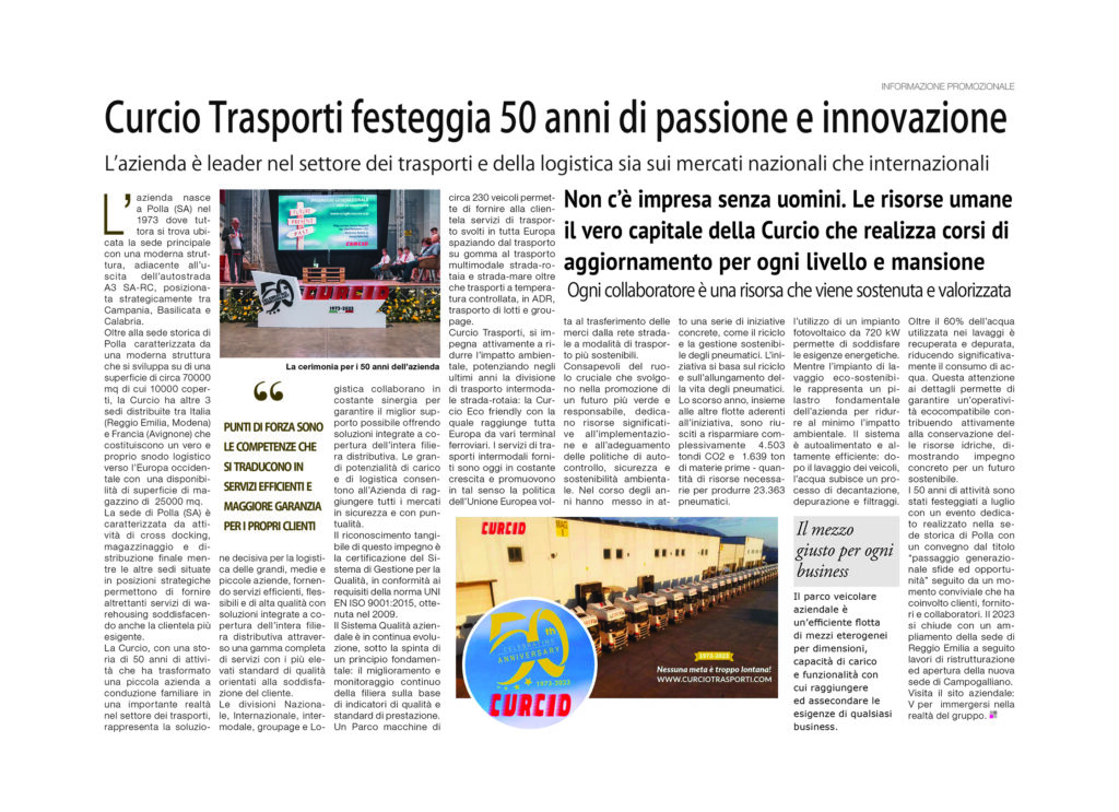 La Curcio Trasporti sur le verso de Il Sole 24 ore - Curcio